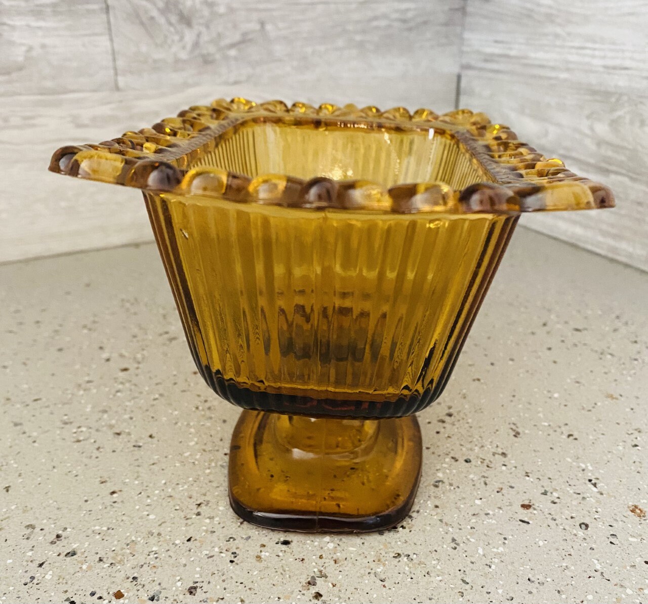 Vintage Indiana Glass Amber Candy Dish- Pedestal Base- Ribbed Glass ...