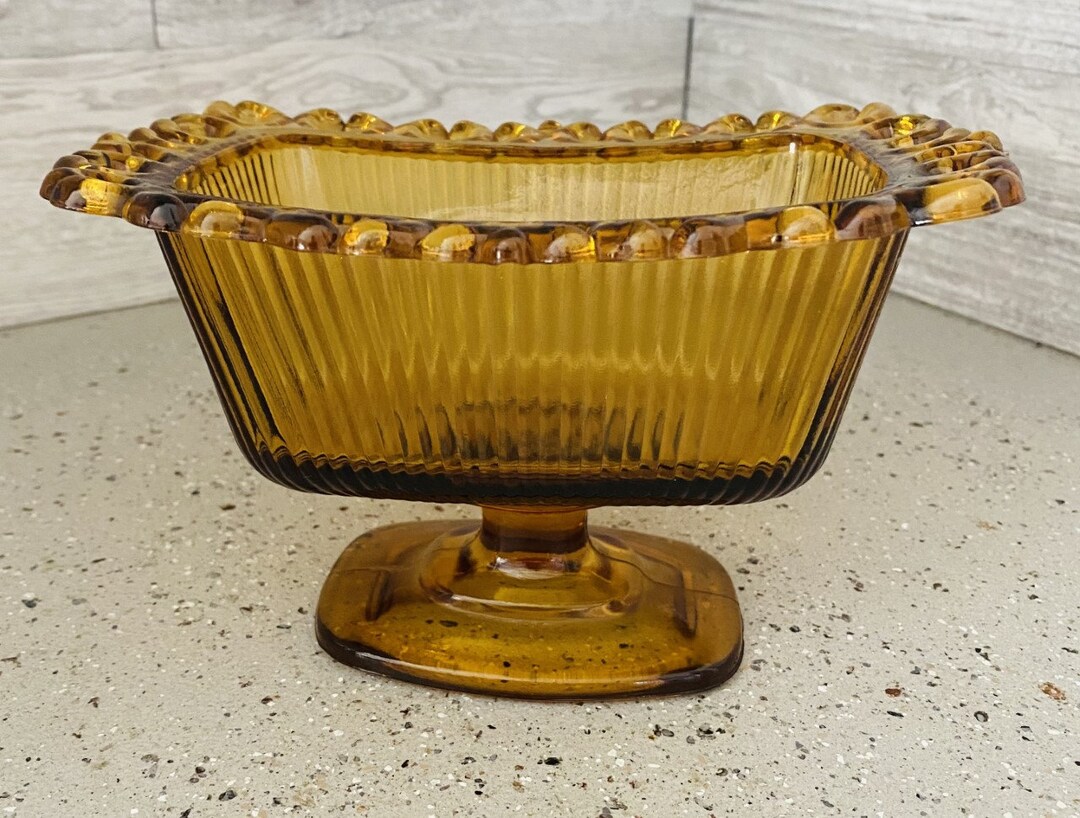 Vintage Indiana Glass Amber Candy Dish- Pedestal Base- Ribbed Glass ...