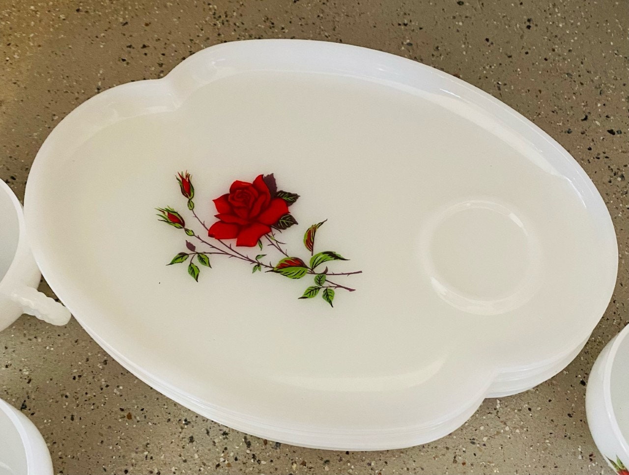 Vintage Federal-red Rose-milk Glass-rosecrest-snack Tray/tea Cup Set-8 ...
