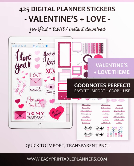 Paper Calendars & Planners Goodnotes Stickers Kit Valentines Planner ...