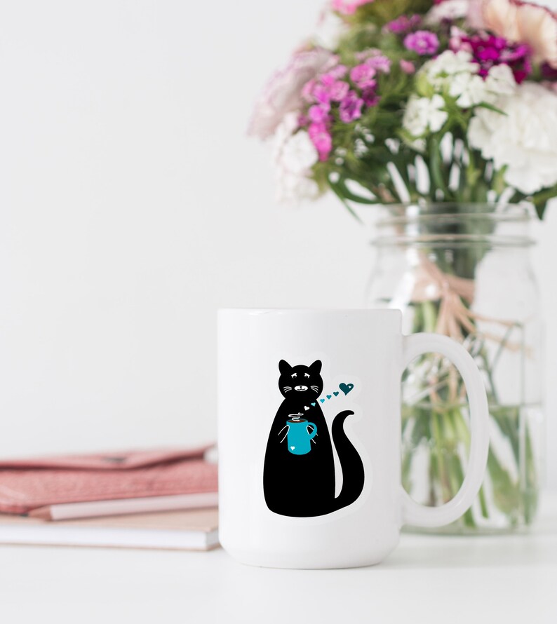 Cat Sticker, Black Cat Drinking Coffee, Transparent Sticker, Laptop ...