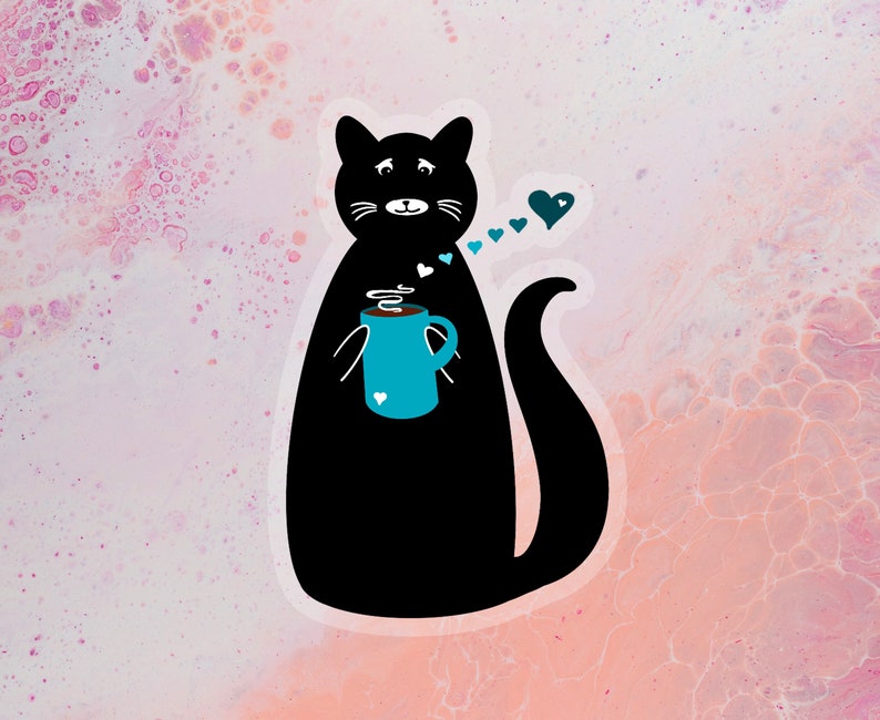 Cat Sticker, Black Cat Drinking Coffee, Transparent Sticker, Laptop ...