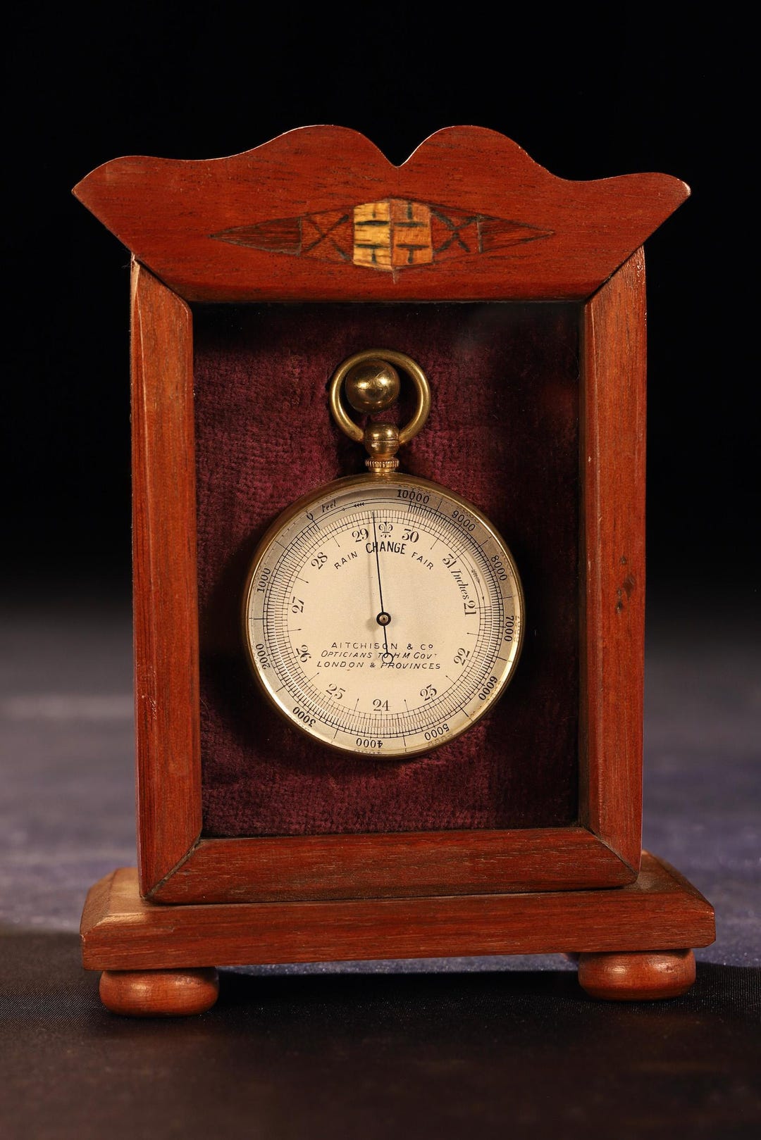 Antique Pocket Barometer Retailed by Aitchison & Co in Glazed Desk Case ...