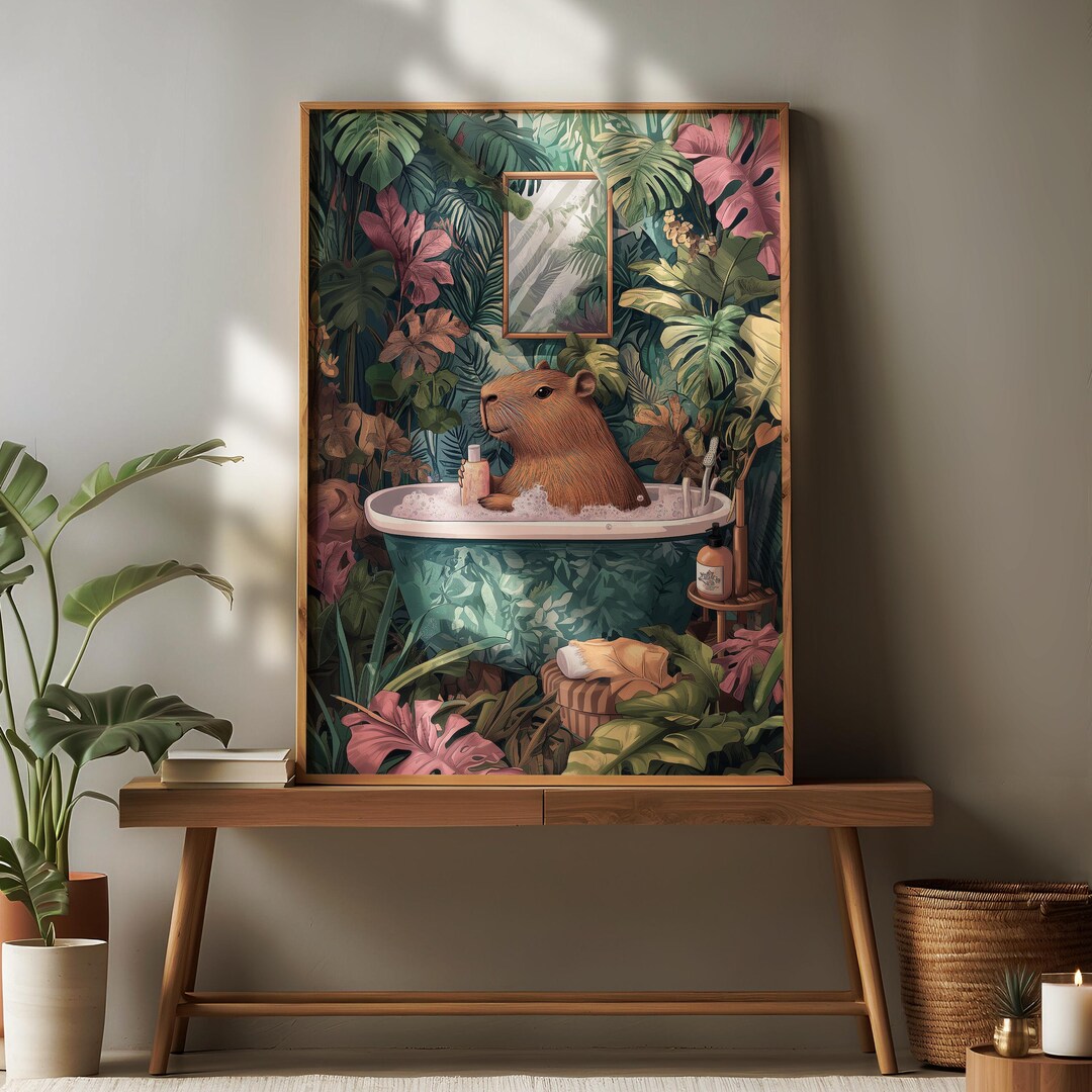 Capybara in Bathtub, Art Deco Capybara Bathroom Print, Bathroom ...