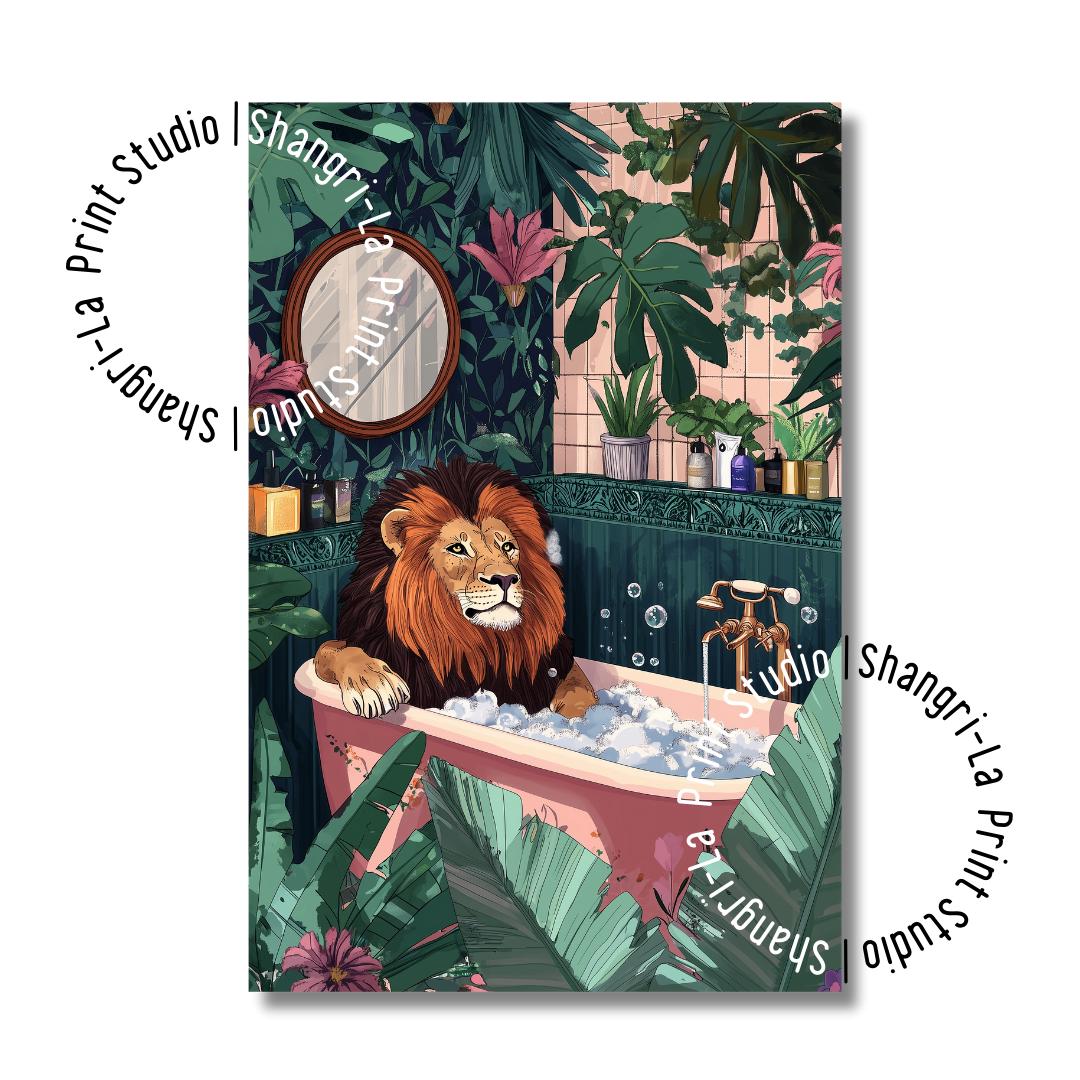 Lion in Bathtub, Art Deco Lion Bathroom Print, Bathroom Lion Wall Art ...