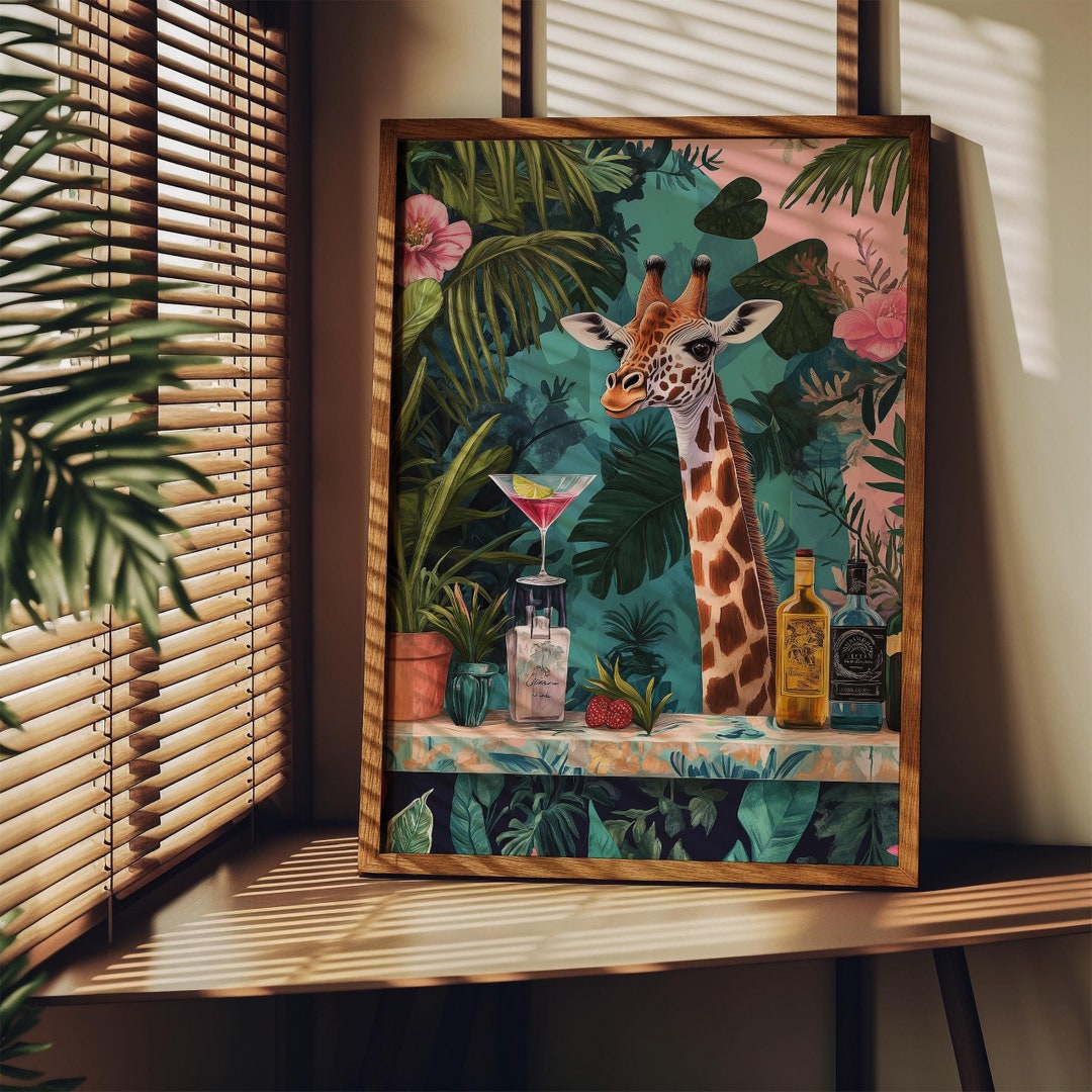 Giraffe in Bar, Art Deco Giraffe Kitchen Print, Kitchen Giraffe Wall ...