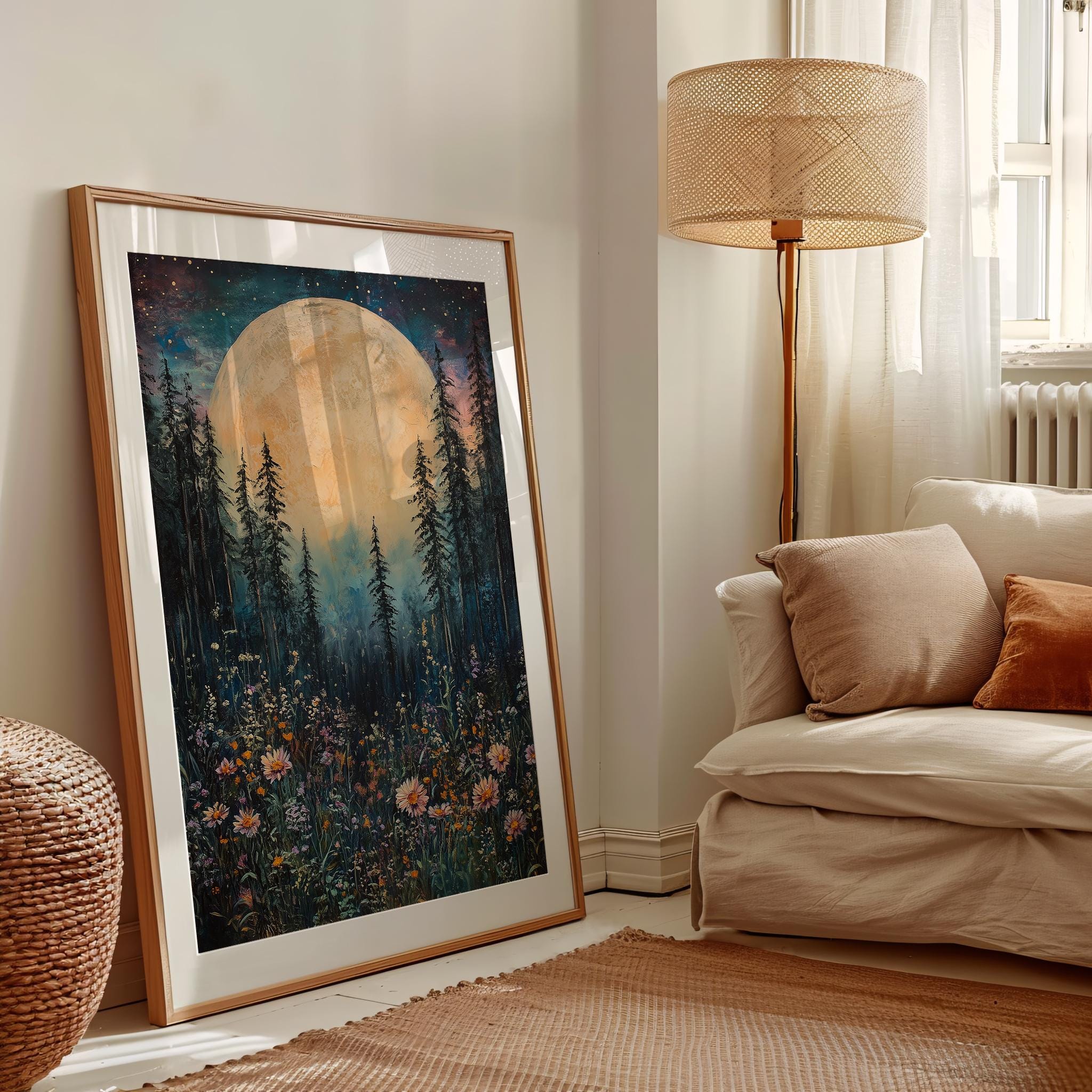 Moonlit Pine Tree Forest Print, Full Moon Wildflower Painting Print ...