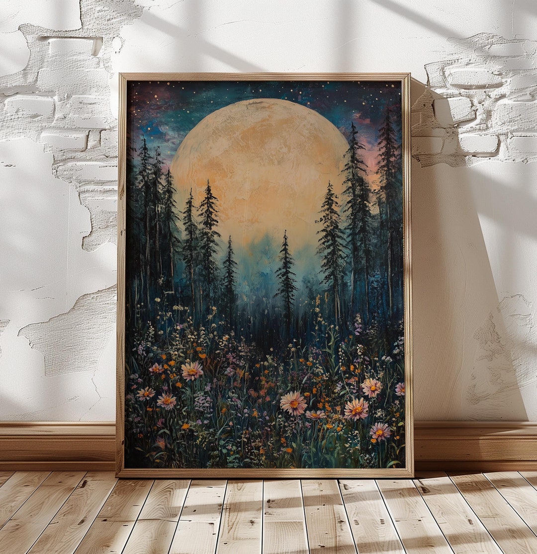 Moonlit Pine Tree Forest Print, Full Moon Wildflower Painting Print ...