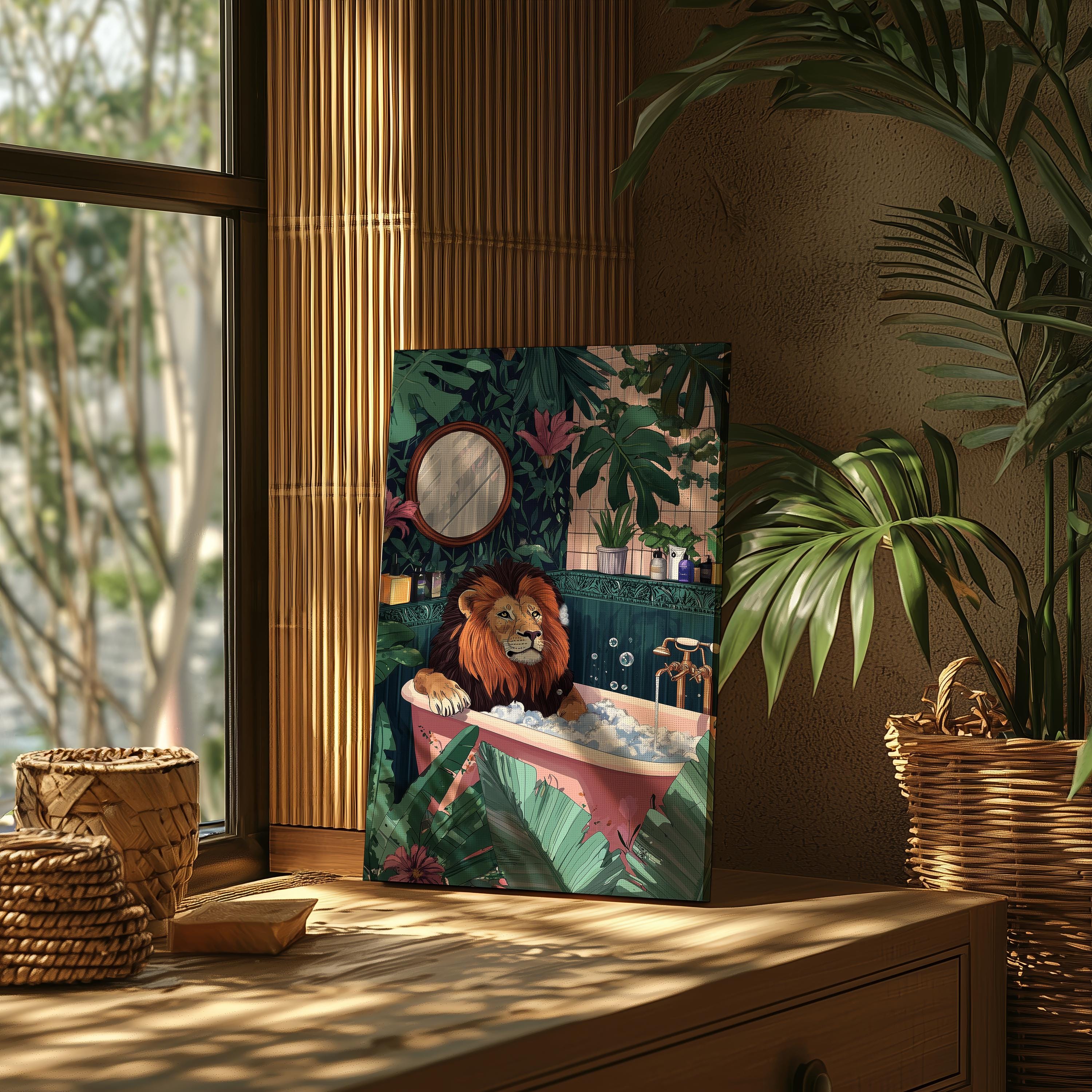 Lion in Bathtub, Art Deco Lion Bathroom Print, Bathroom Lion Wall Art ...