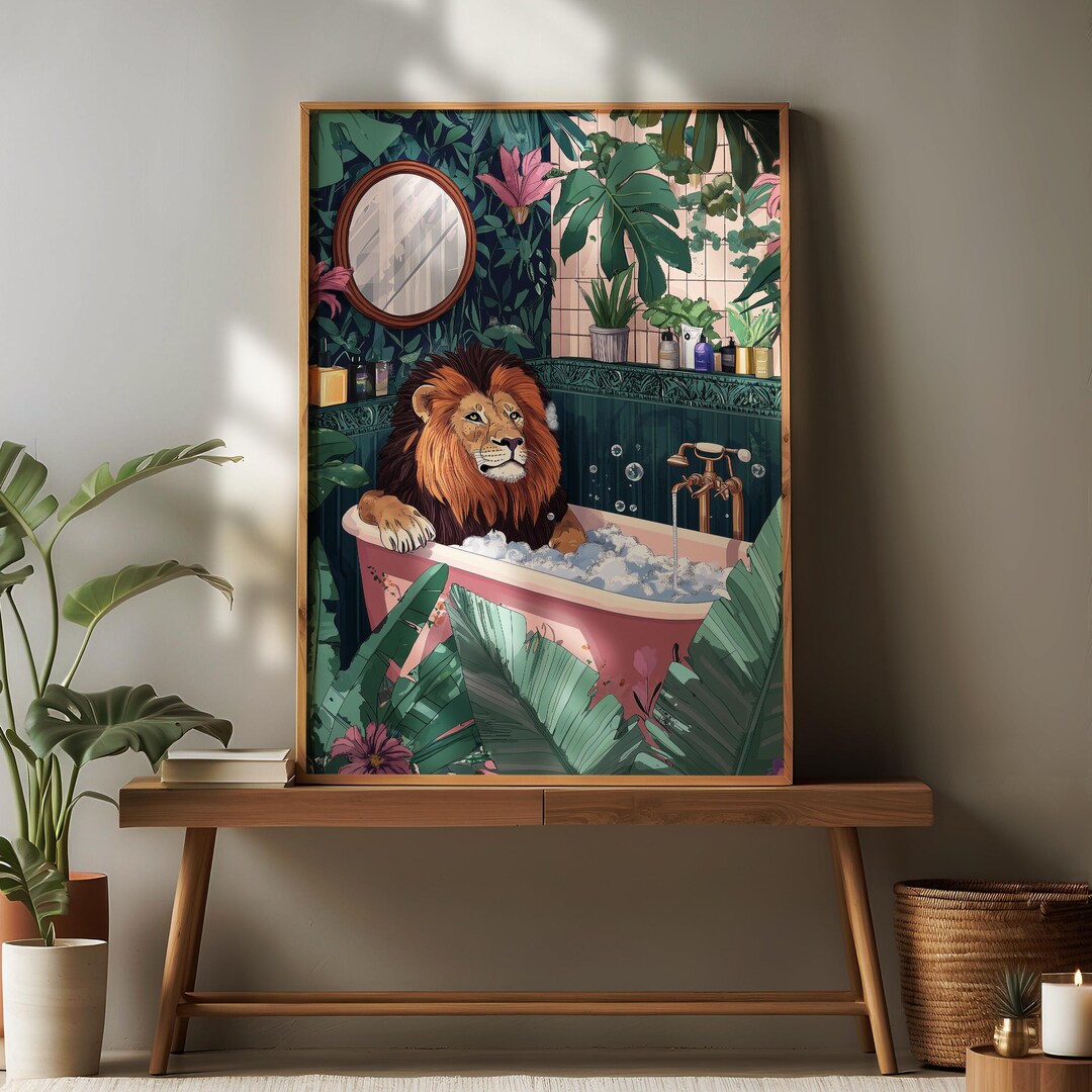Lion in Bathtub, Art Deco Lion Bathroom Print, Bathroom Lion Wall Art ...