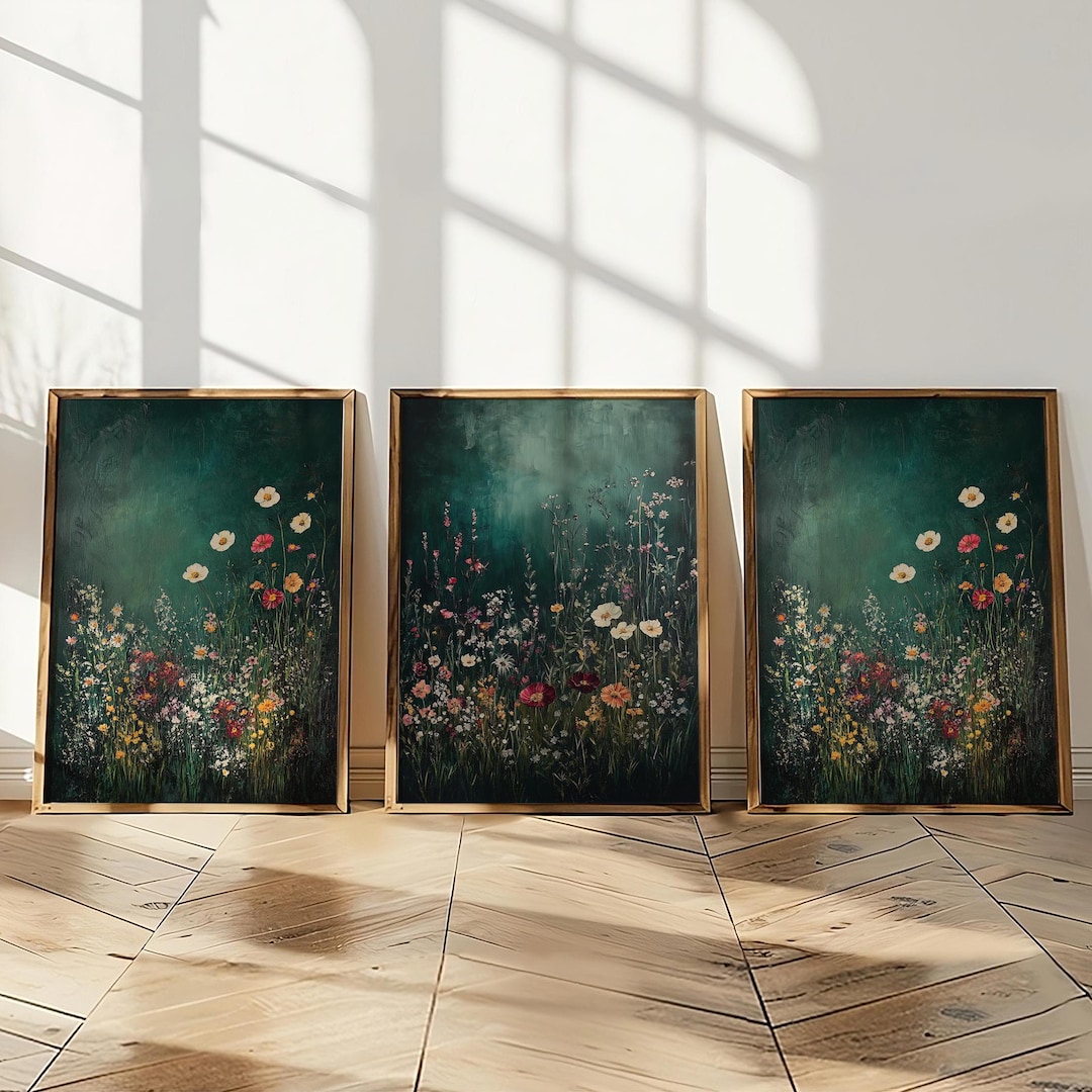 Set of 3 Vintage Green Wildflower Prints, Oil Painting Prints ...