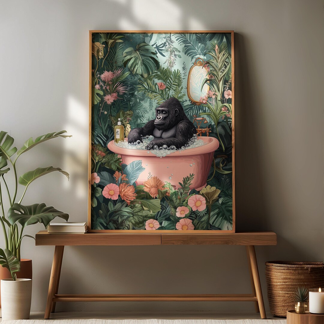 Gorilla in Bathtub, Art Deco Gorilla Bathroom Print, Bathroom Gorilla ...