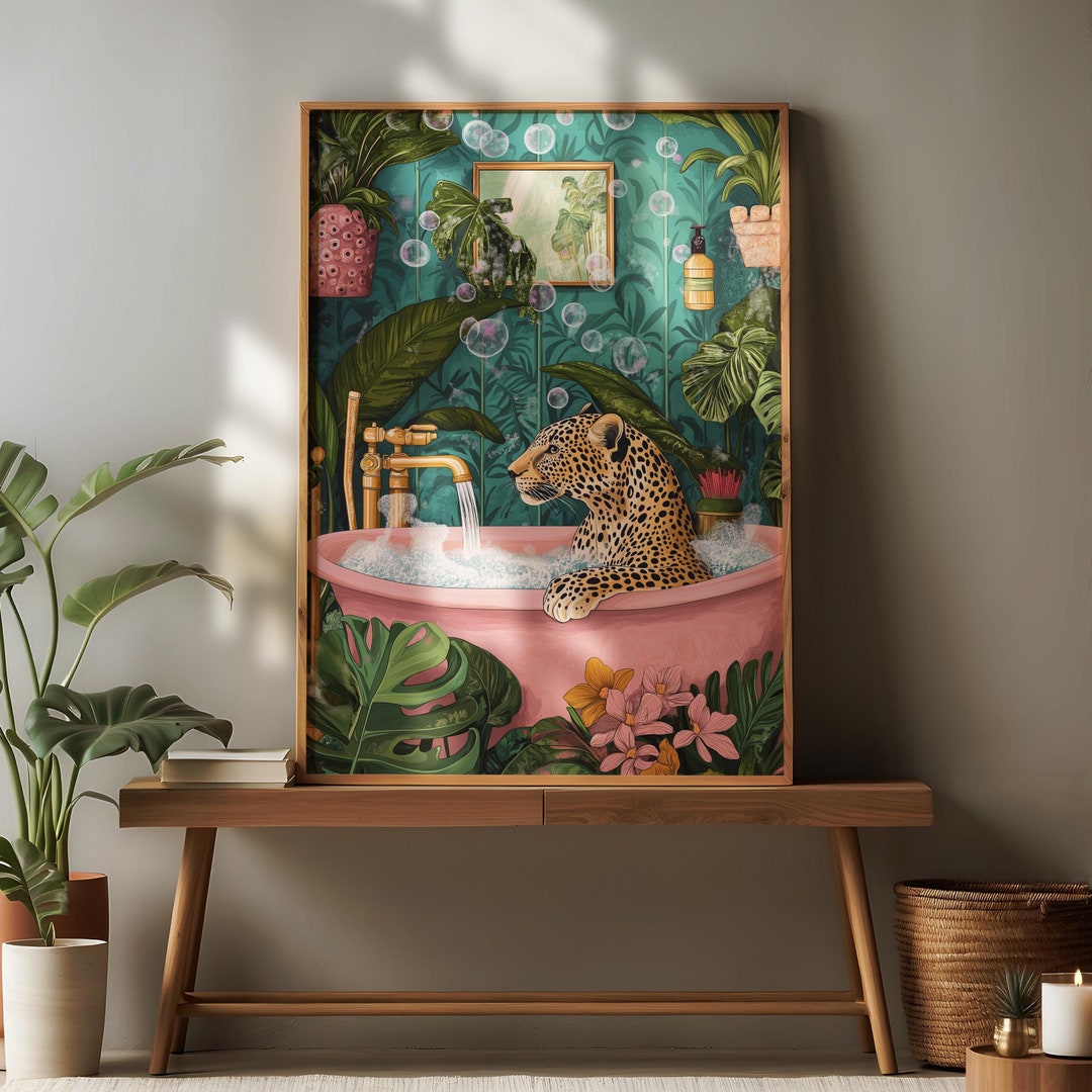 Leopard in Bathtub, Leopard Bathroom Print, Bathroom Flamingo Wall Art ...