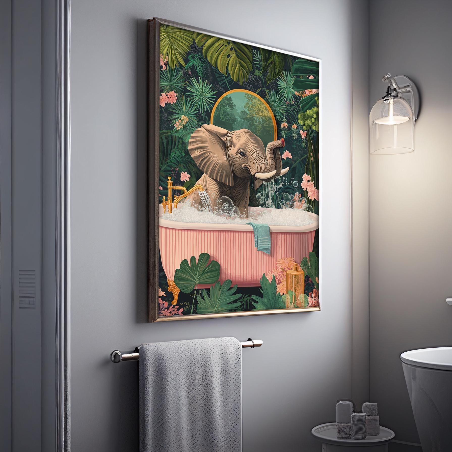 Elephant in Bathtub, Elephant Bathroom Print, Bathroom Elephant Wall ...