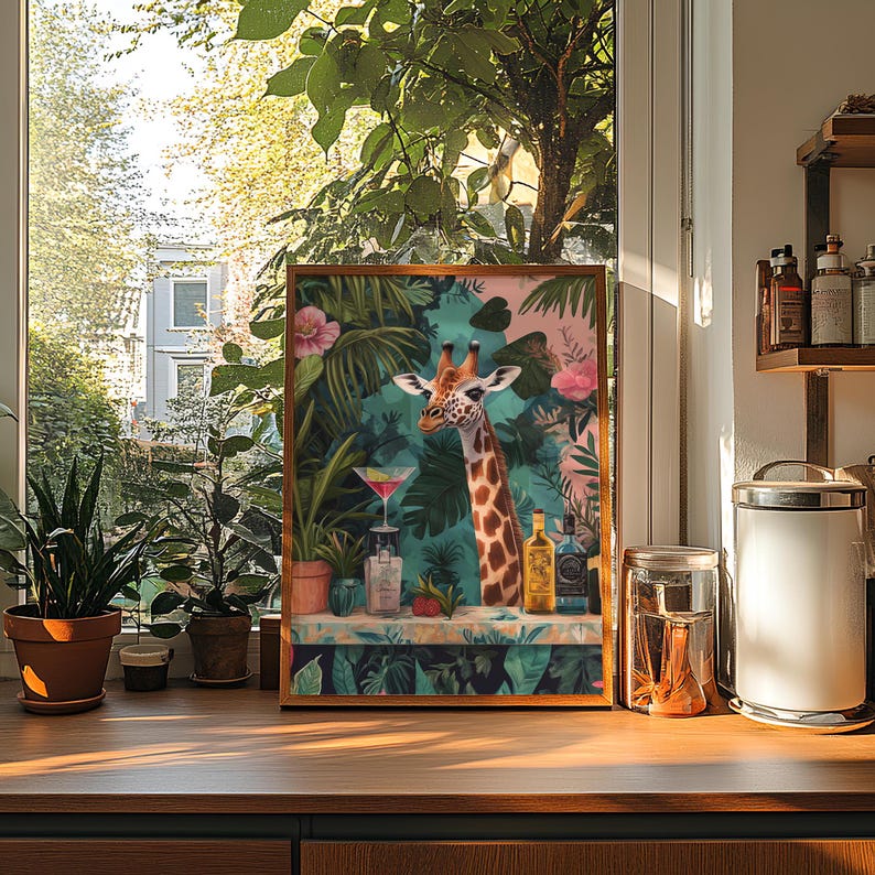 Giraffe in Bar, Art Deco Giraffe Kitchen Print, Kitchen Giraffe Wall ...