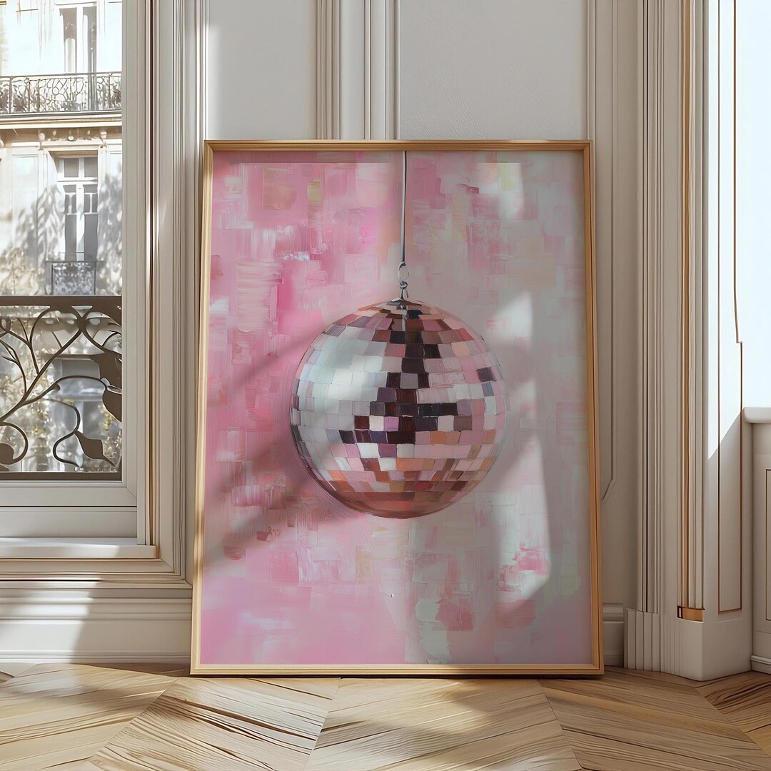 Retro Disco Ball Print, Pink Wall Art, Trendy Dorm Room Art, Pastel ...