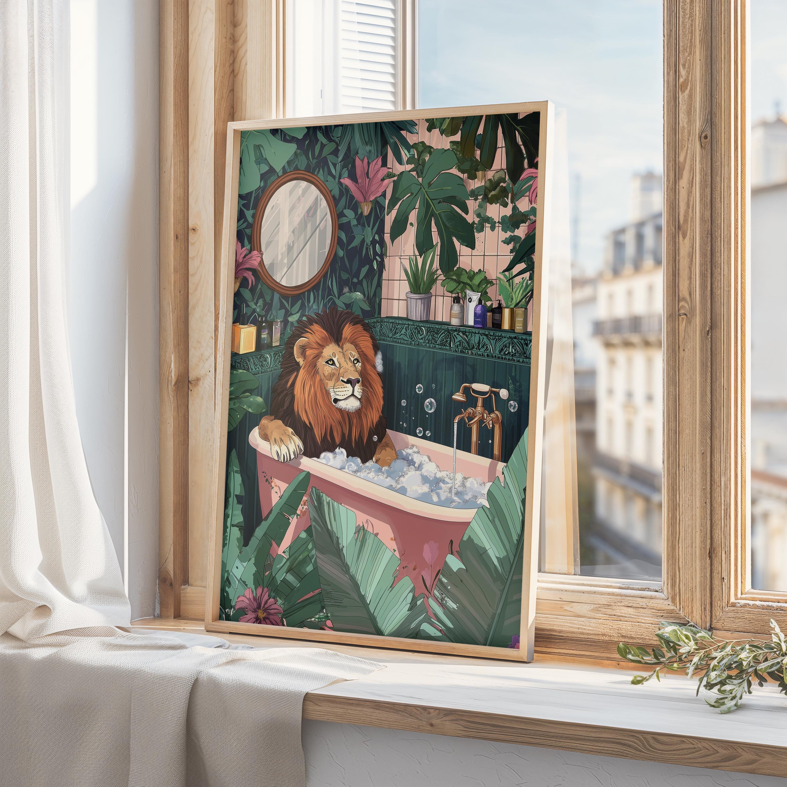 Lion in Bathtub, Art Deco Lion Bathroom Print, Bathroom Lion Wall Art ...