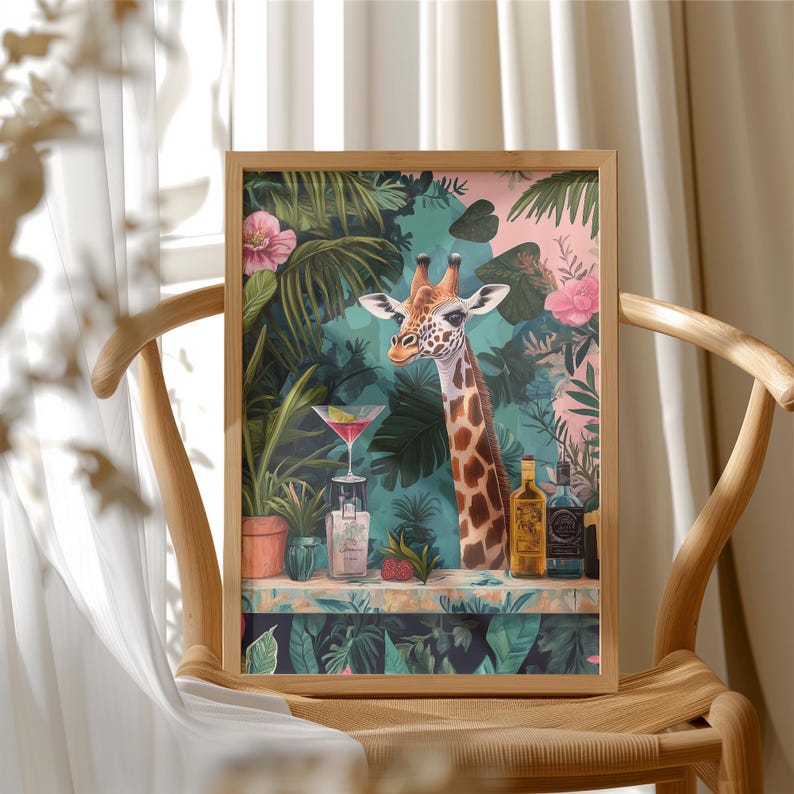Giraffe in Bar, Art Deco Giraffe Kitchen Print, Kitchen Giraffe Wall ...