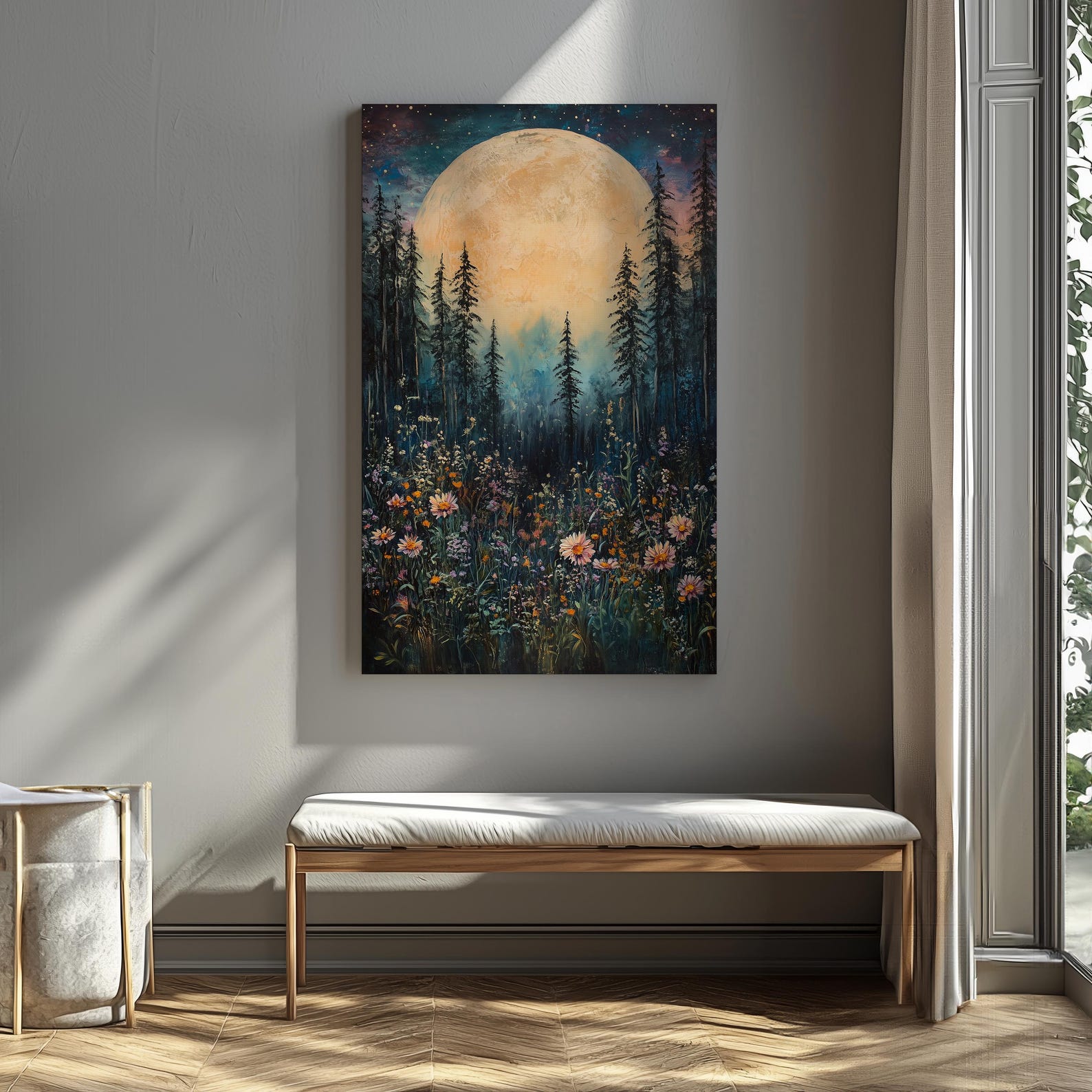 Moonlit Pine Tree Forest Print, Full Moon Wildflower Painting Print ...
