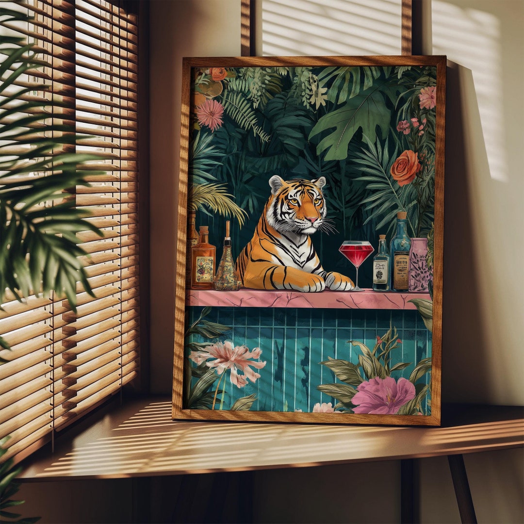 Tiger in Bar, Art Deco Leopard Kitchen Print, Tiger Leopard Wall Art ...