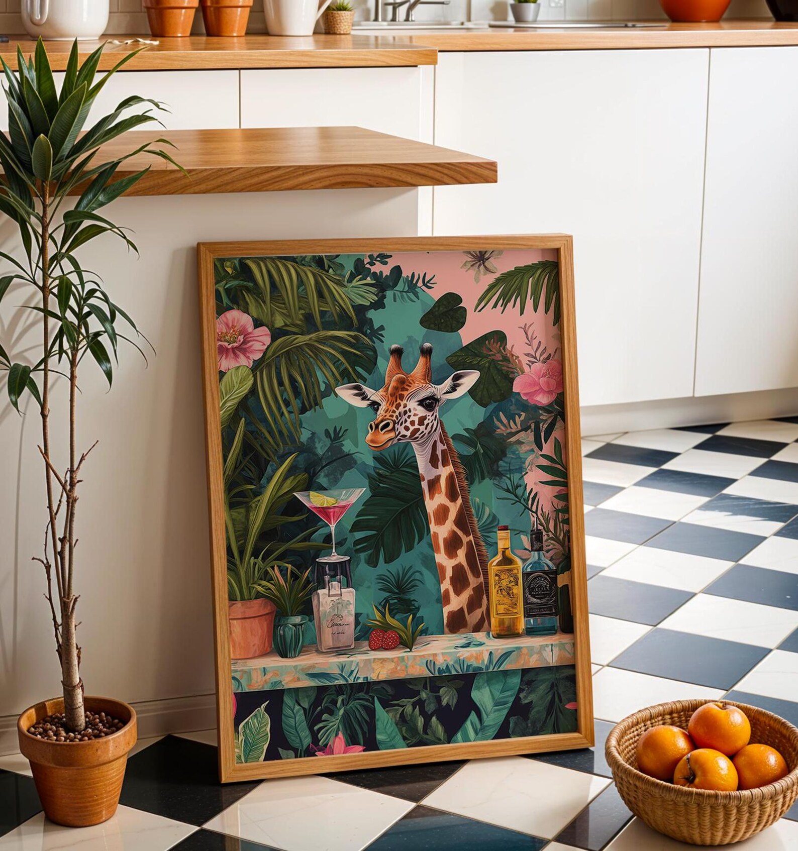 Giraffe in Bar, Art Deco Giraffe Kitchen Print, Kitchen Giraffe Wall ...
