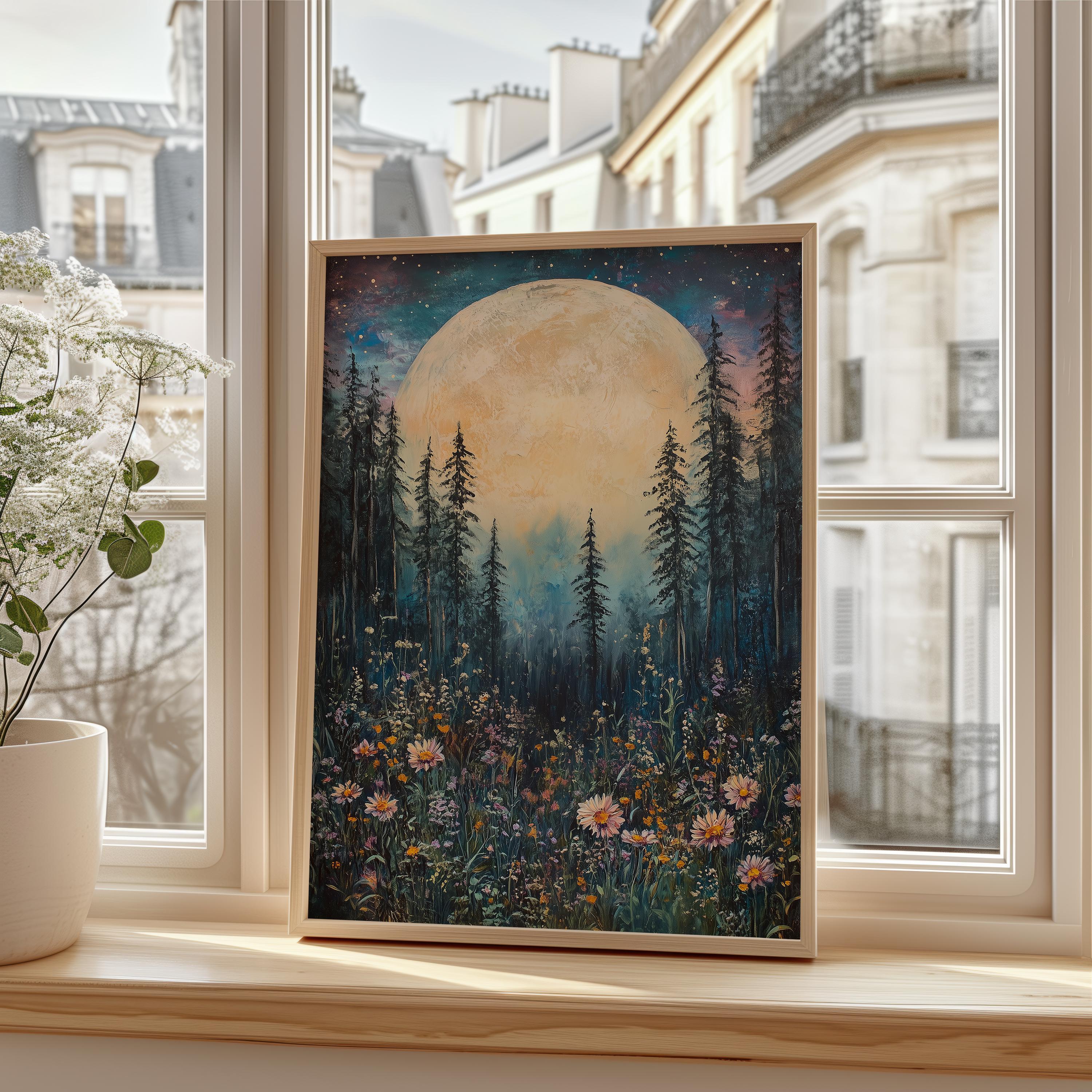 Moonlit Pine Tree Forest Print, Full Moon Wildflower Painting Print ...