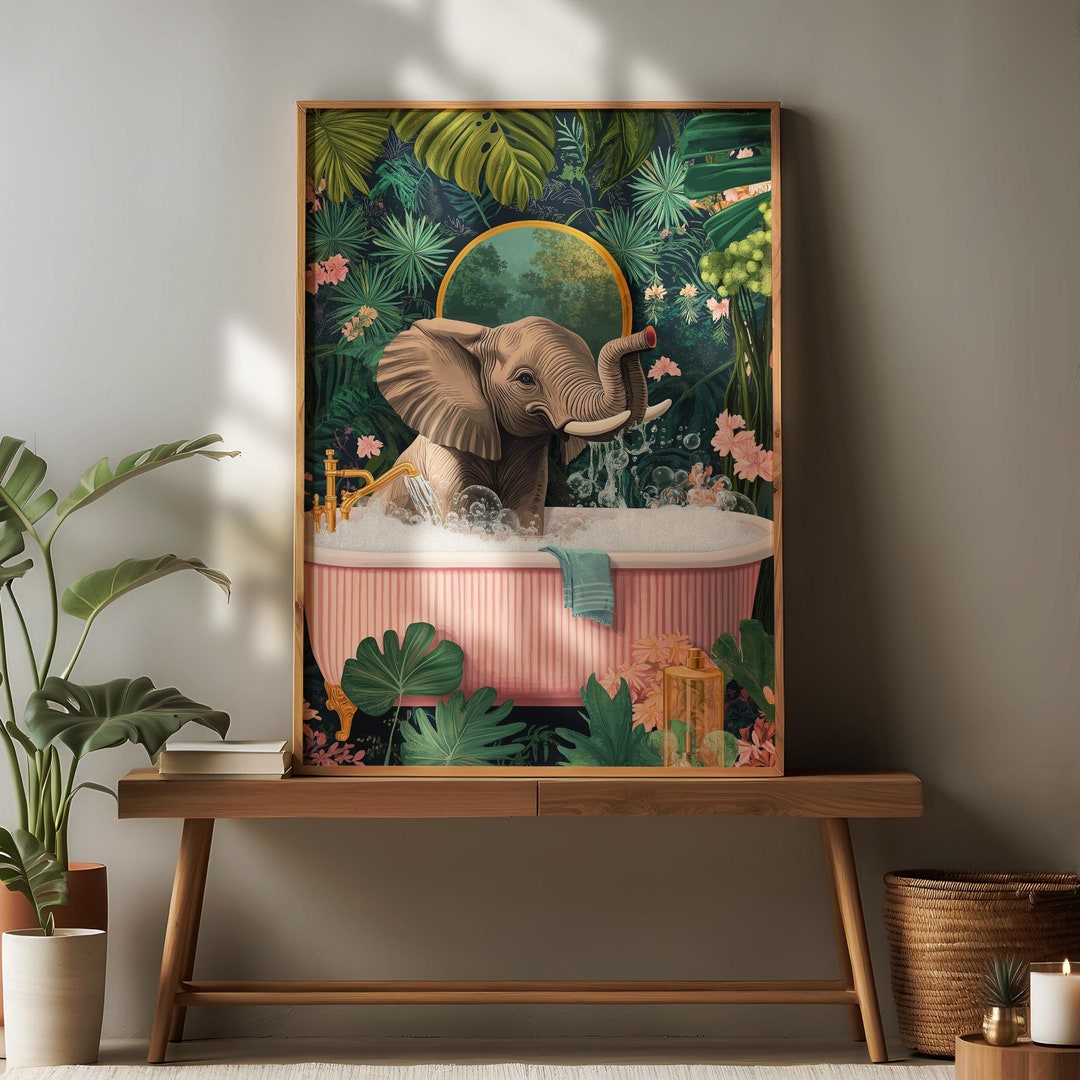 Elephant in Bathtub, Elephant Bathroom Print, Bathroom Elephant Wall ...
