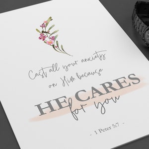 1 Peter 5:7 Verse, He Cares for You Printable, Pink Bible Verse, Flower ...