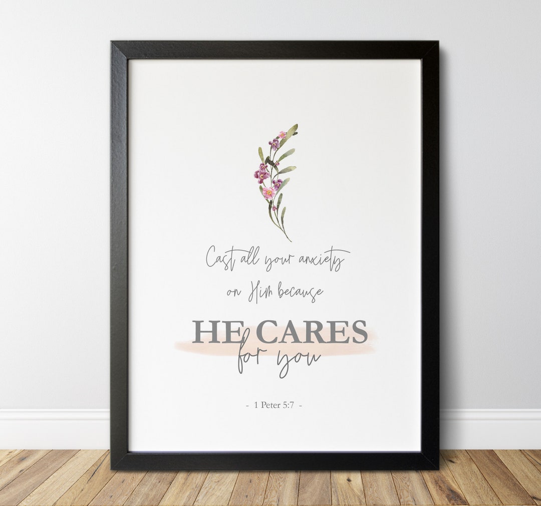 1 Peter 5:7 Verse, He Cares for You Printable, Pink Bible Verse, Flower ...