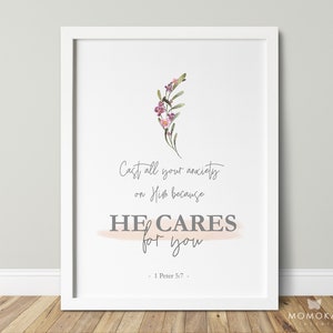 1 Peter 5:7 Verse, He Cares for You Printable, Pink Bible Verse, Flower ...