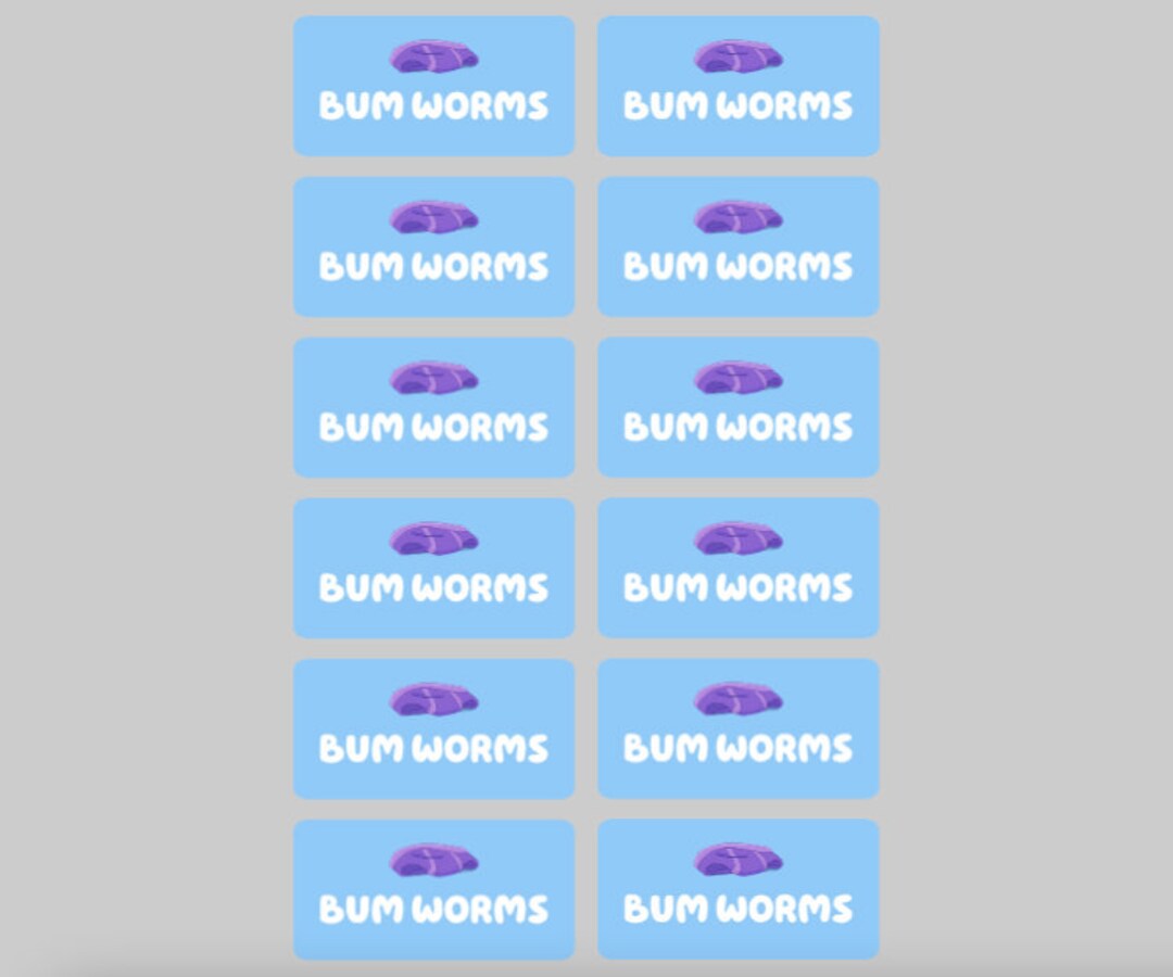 Bluey Inspired BUM WORMS Favour Stickers, Birthday Party Favour Label ...