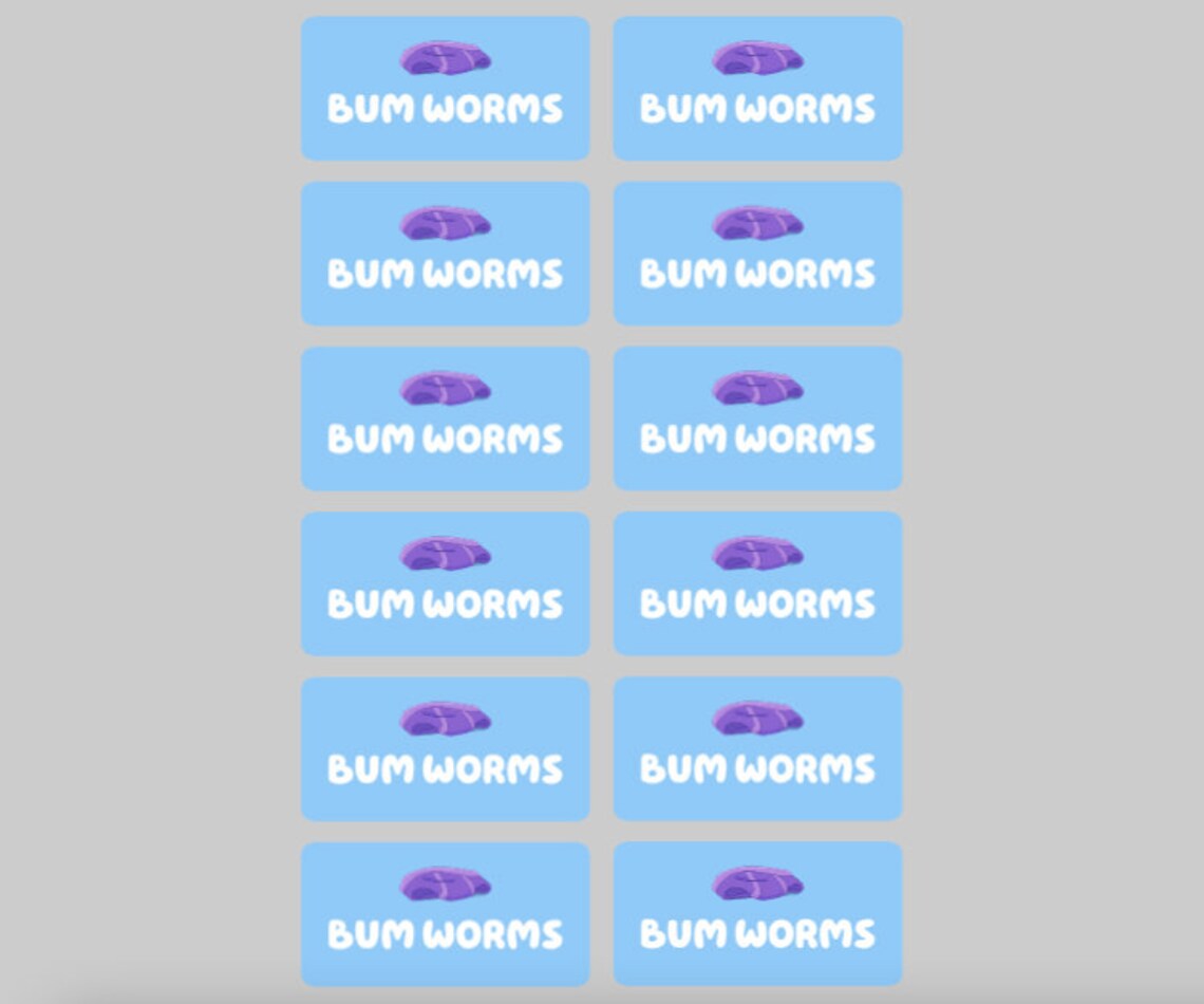 Bluey Inspired BUM WORMS Favour Stickers, Birthday Party Favour Label ...