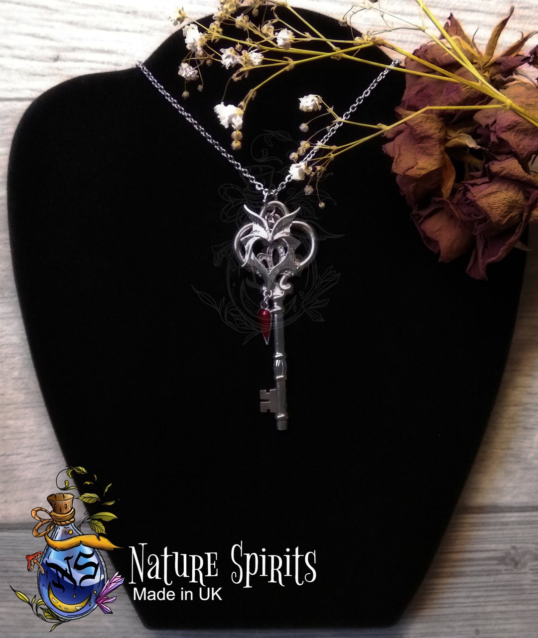 Vintage Old Witch Skeleton Big Key Bat Wings Red Drop Pendant Victorian ...