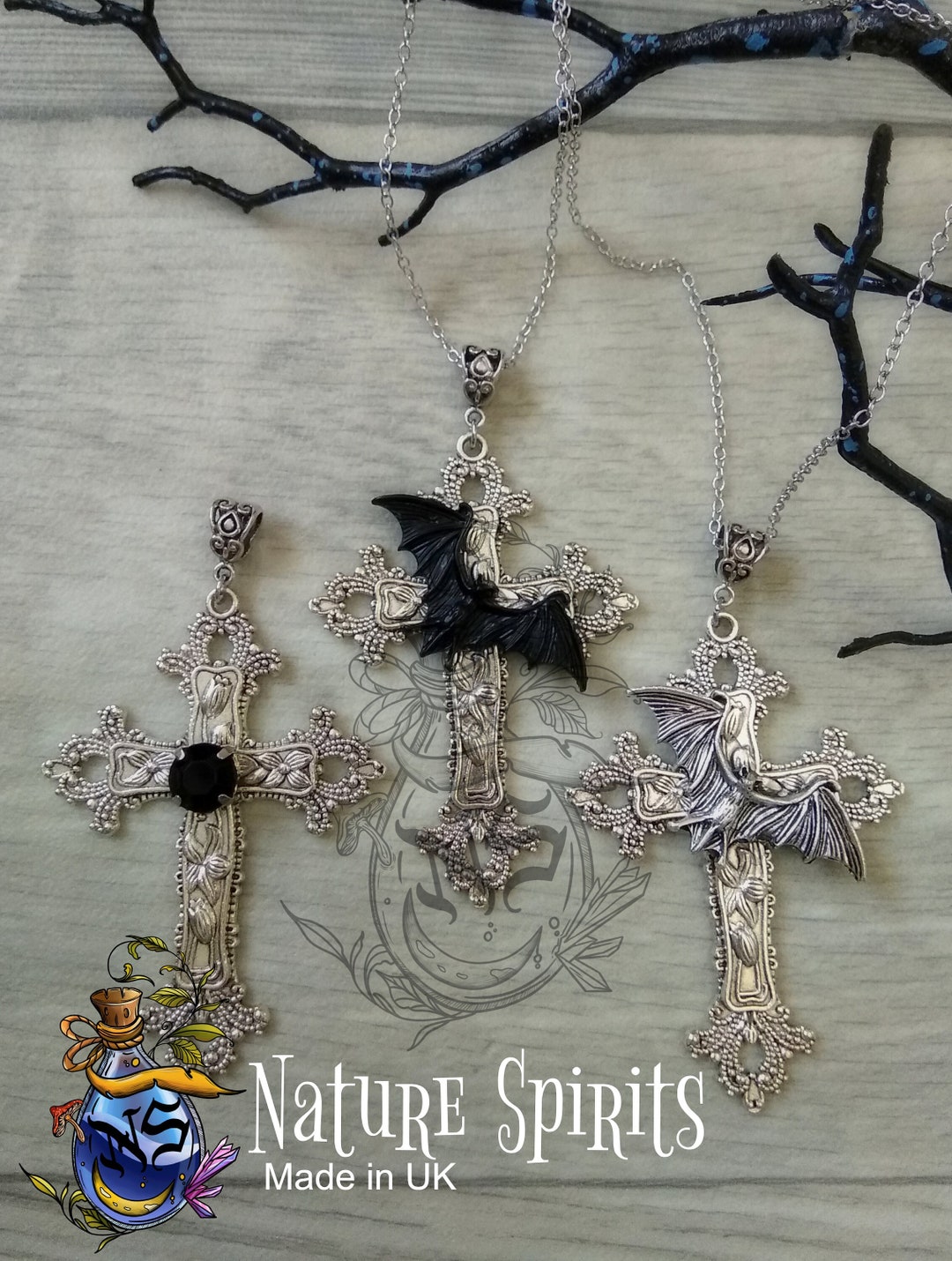 Chunky Floral Cross Black Bat Wings Rhinestone Charm Gothic Pendant ...