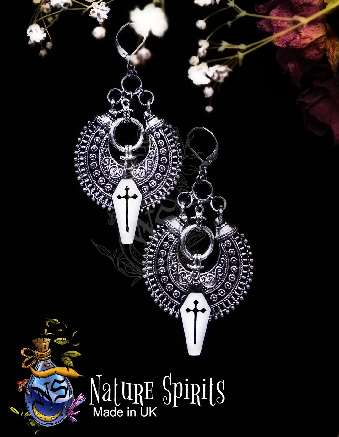 Black Gothic Dangle Long Earrings Sacred Ritual Cross Renaissance ...