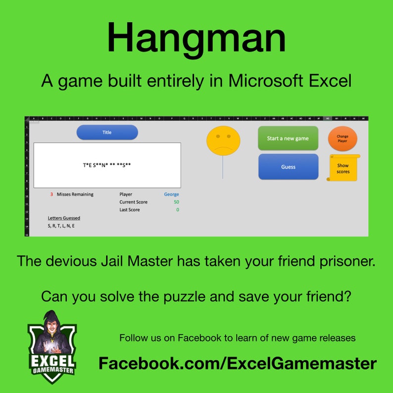 Hangman Excel Video Game With Over 6000 Puzzles Indie Video Game Wheel of Fortune Microsoft ...
