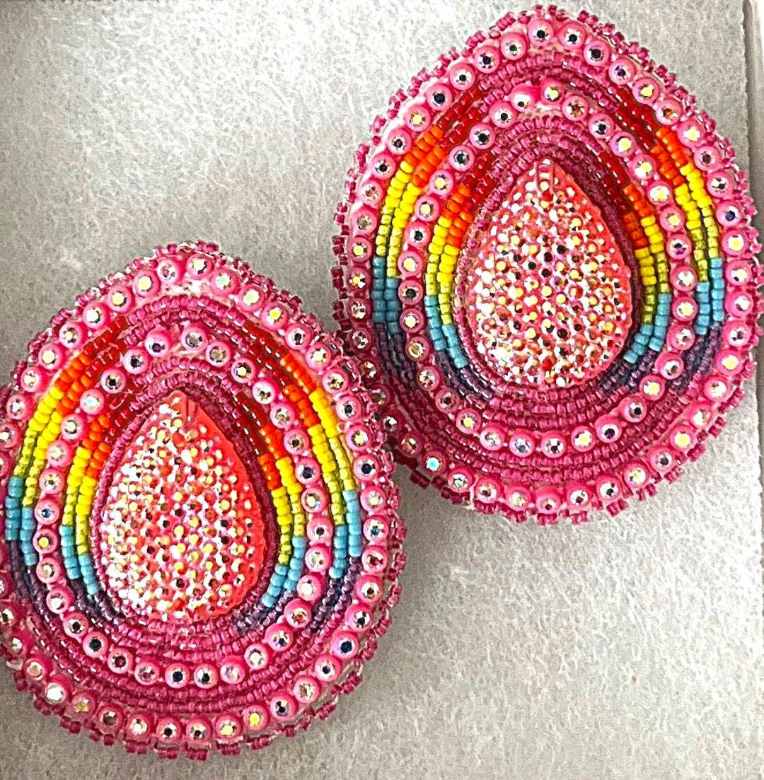 Cree First Nations Hand Beaded Pink 'rainbow Teardrop' Earrings Great ...