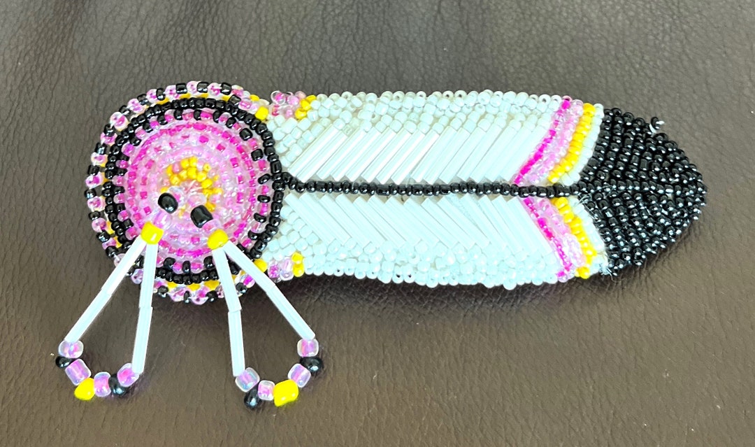 Cree First Nations Hand Beaded Single Feather Pink Hair Barrette ...