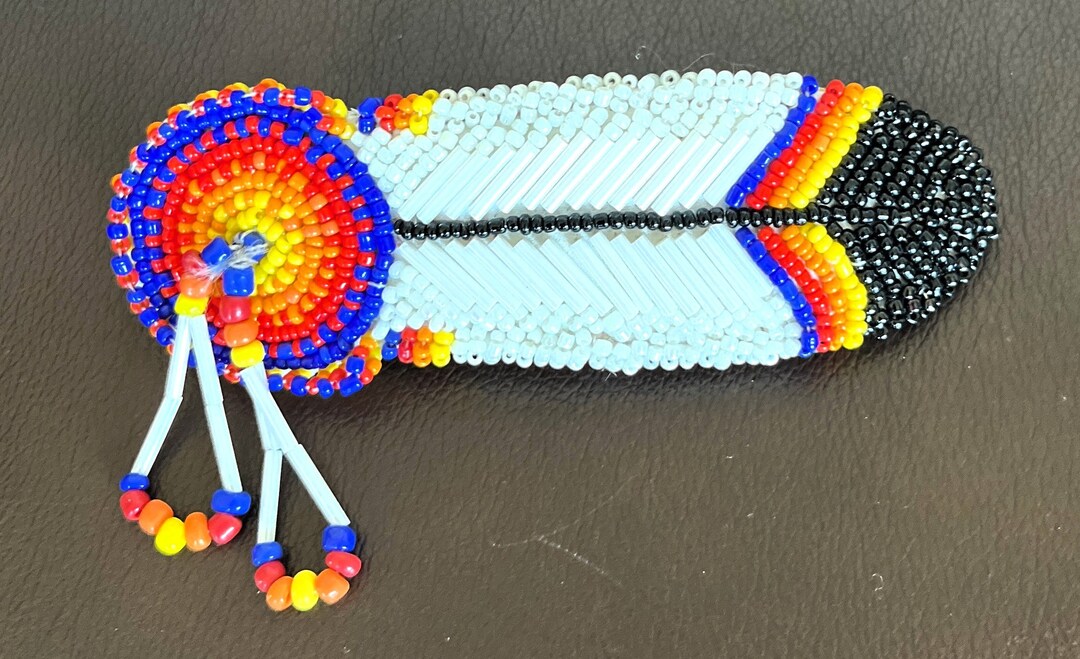 Cree First Nations Hand Beaded Single Feather Rainbow Hair Barrette ...