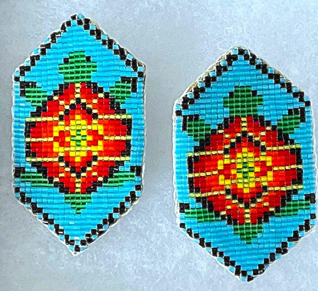 Cree First Nations Hand Beaded Blue 'turtle' Earrings Great Plains ...