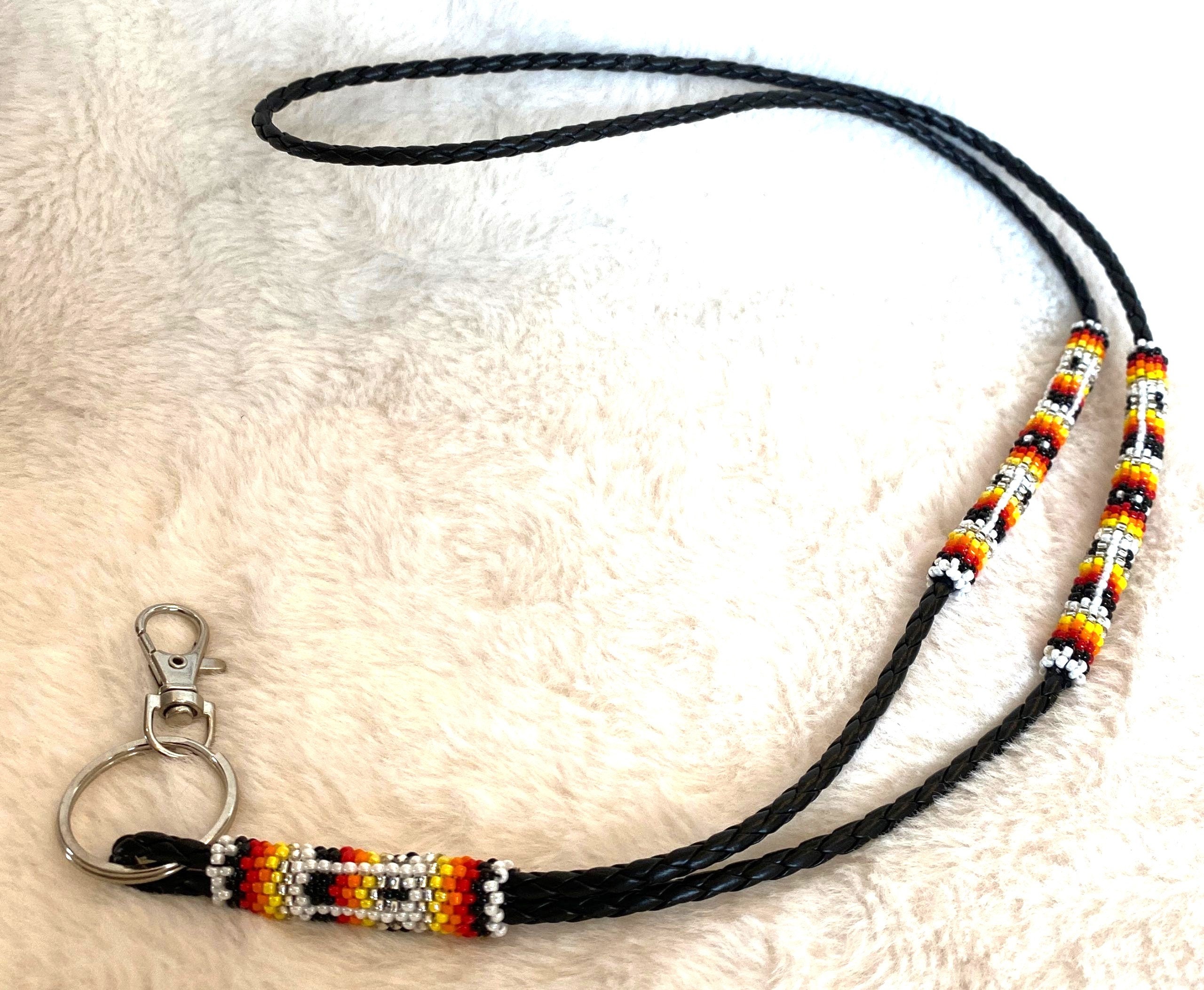 Ojibway Cree First Nations White Hand Beaded / Braided Neck Lanyard Key ...