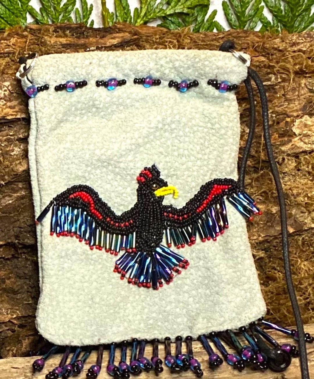 Nuu Chah Nulth First Nation 'thunderbird' Beaded Draw String Leather ...