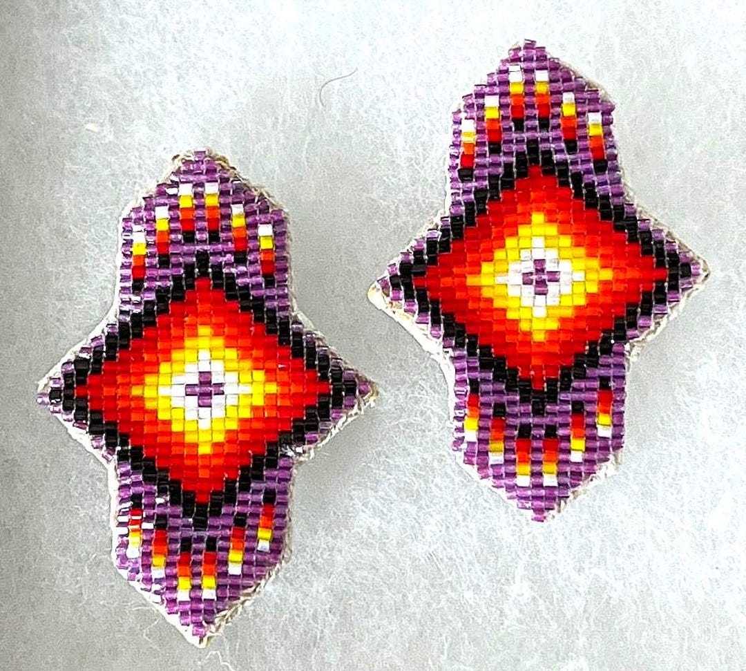 Cree First Nations Hand Beaded Purple 'geometric' Earrings Great Plains ...