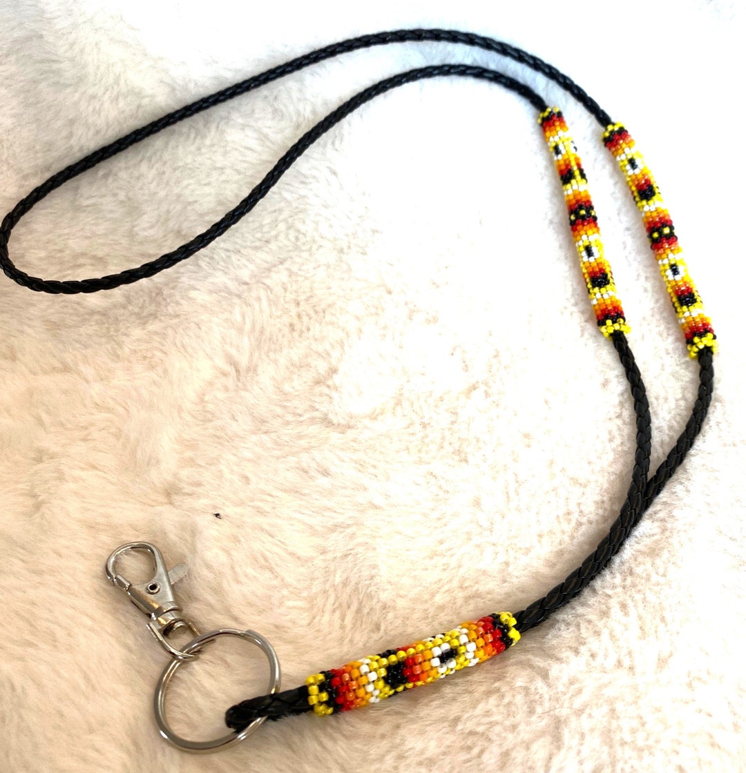 Ojibway Cree First Nations Yellow Hand Beaded / Braided Neck Lanyard ...