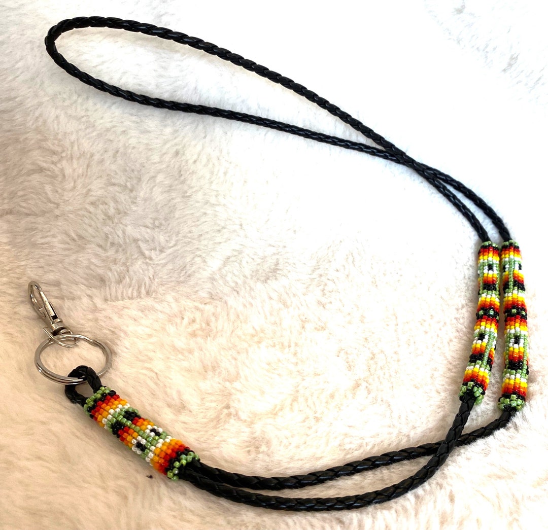 Ojibway Cree First Nations Green Hand Beaded / Braided Neck Lanyard Key ...