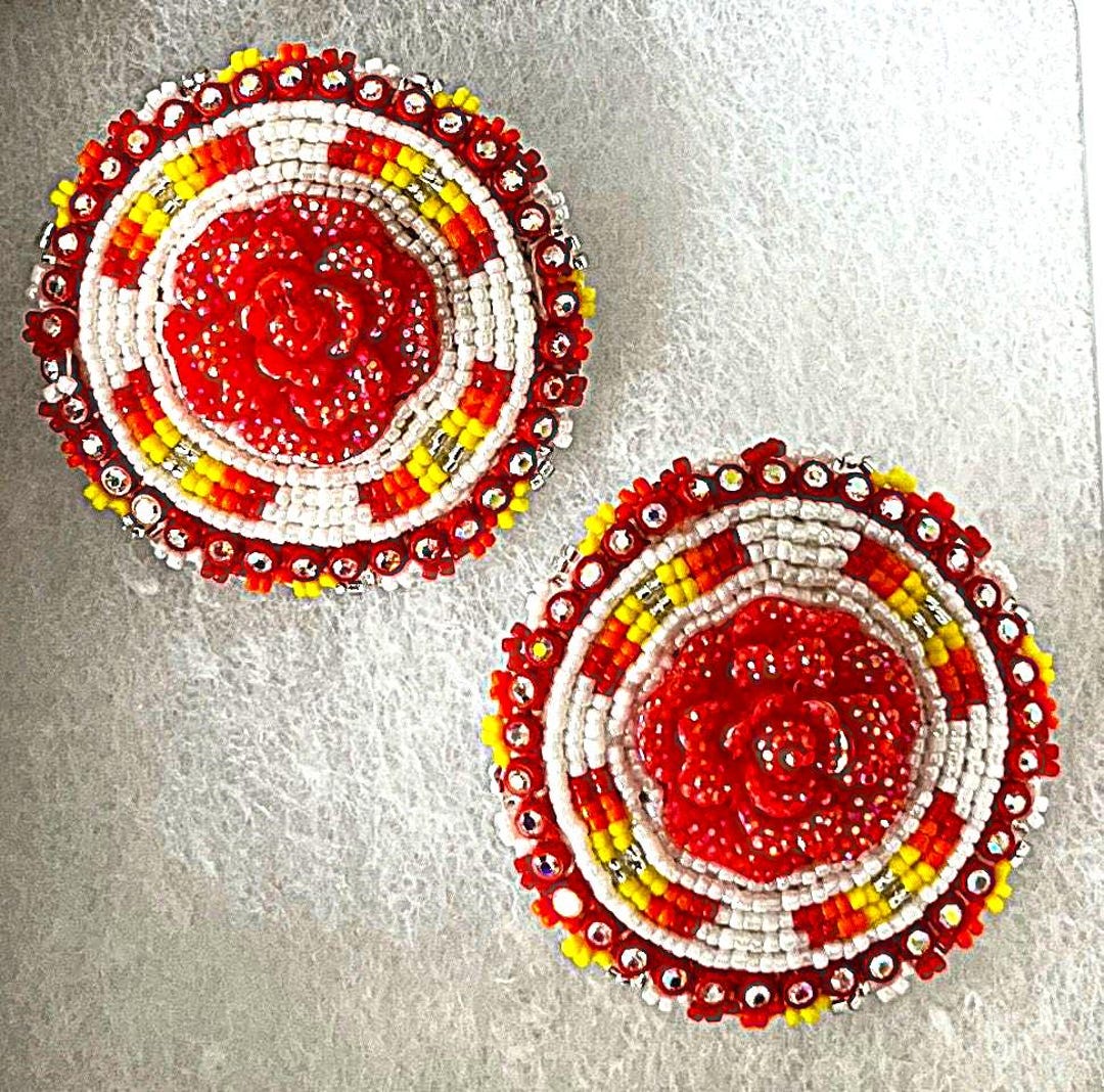 Cree First Nations Hand Beaded Red 'rose' Earrings Great Plains Eastern ...
