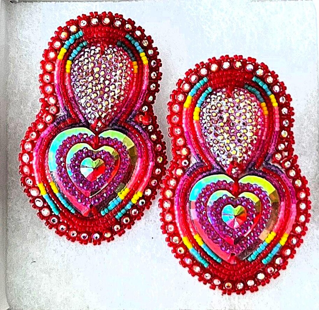Cree First Nations Hand Beaded Red 'heart Drop' Earrings Great Plains ...