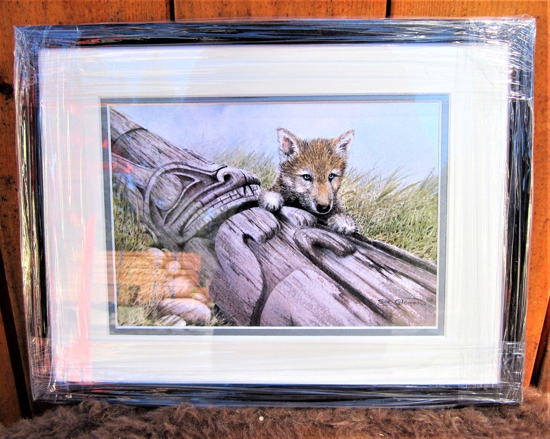 Pacific North West Coast Sue Coleman 'totem and Wolf Pup' Contemporary Native Art Framed Picture ...