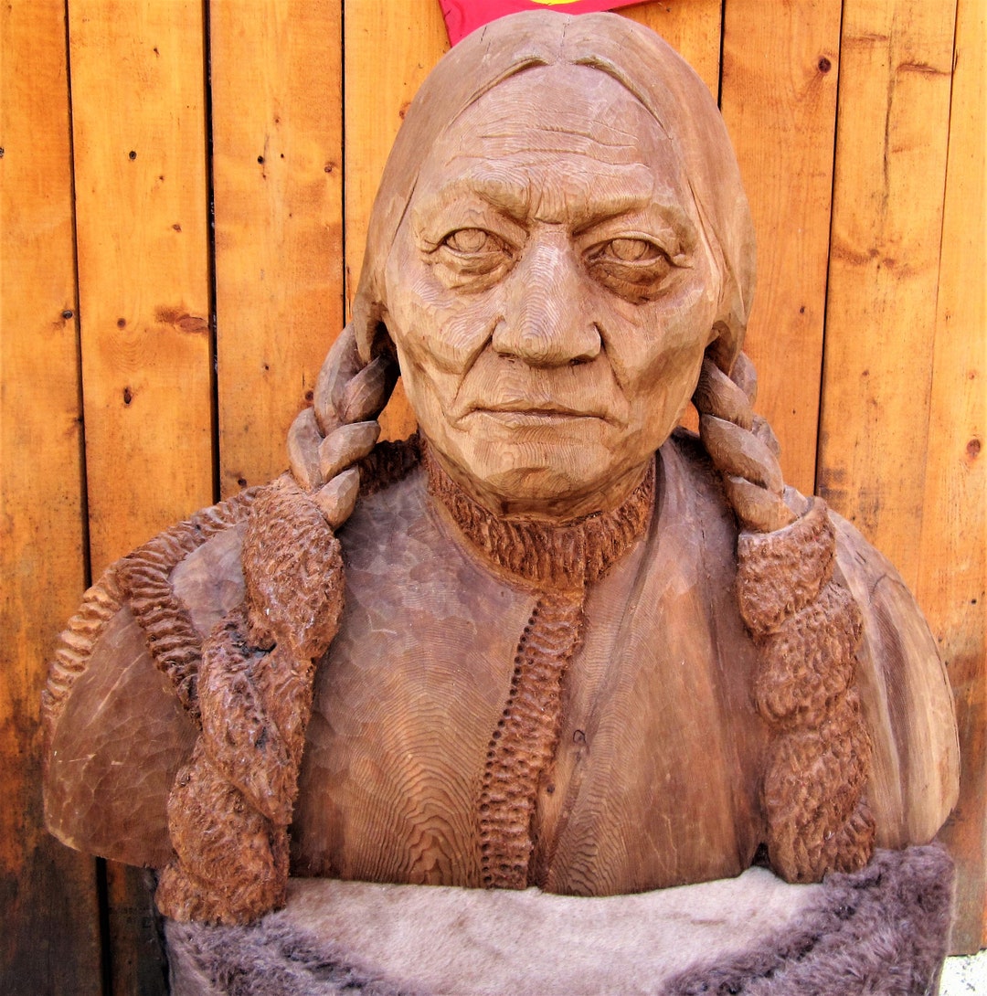 Dmitry Klimenko ''chief Sitting Bull'' Cedar Bust Carving Great Plains Sioux First Nations ...