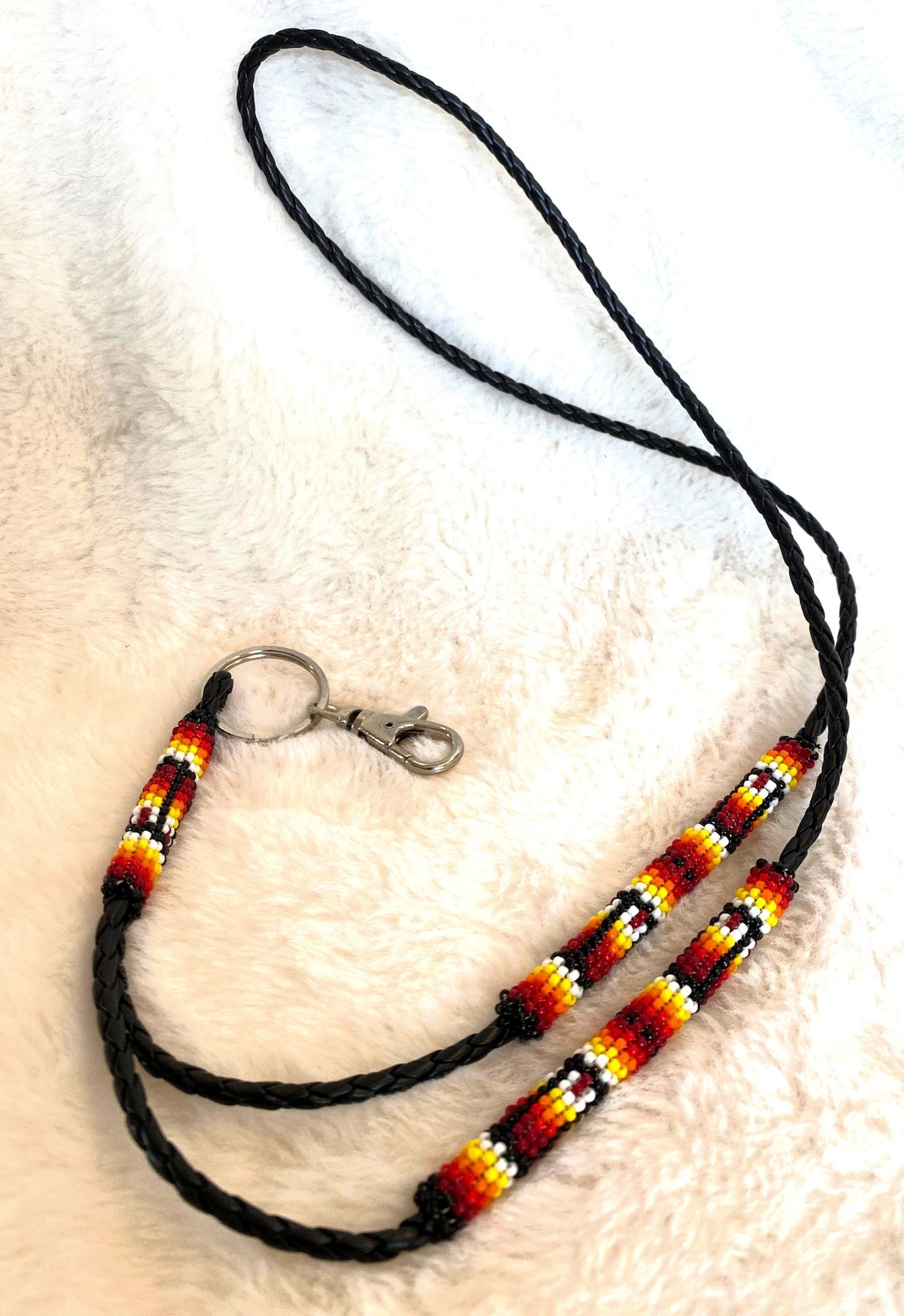 Ojibway Cree First Nations Black Hand Beaded / Braided Neck Lanyard Key ...